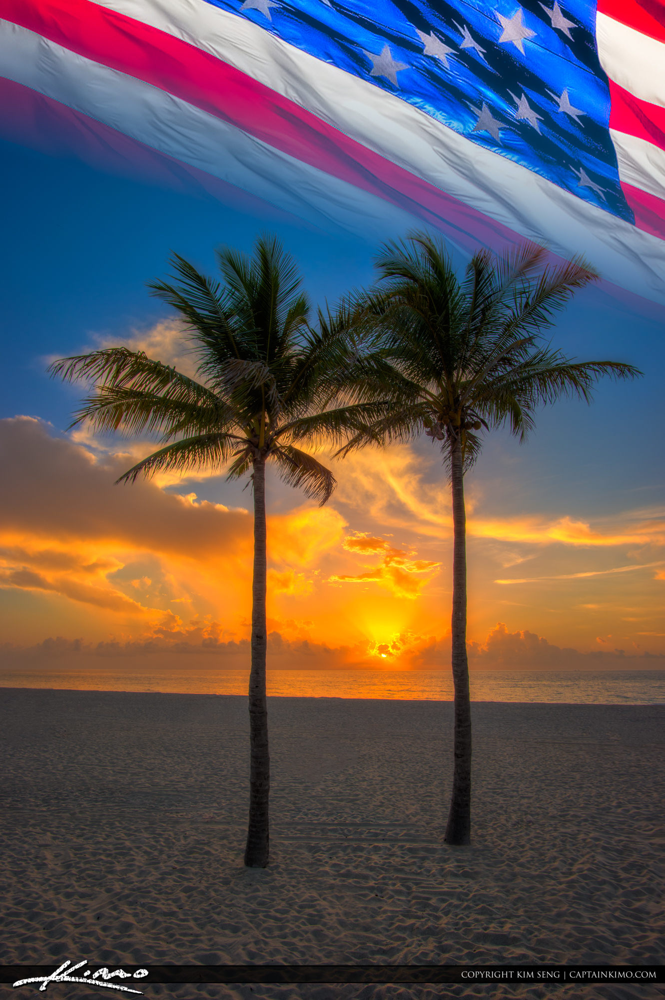 Fourth Of July Sunrise Florida Beach And Flag