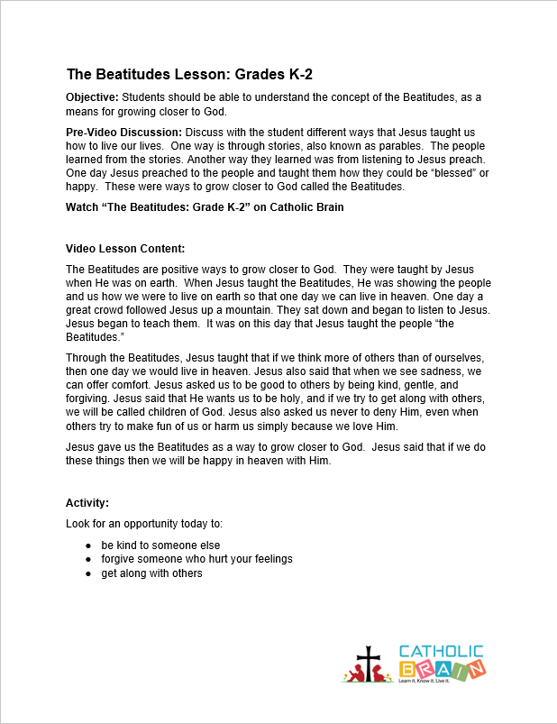 The Beatitudes Grades K-2 Lesson Plan - CatholicBrain.com