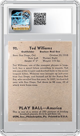 Astounding High-grade 1939 Ted Williams Rookie Card Certified by CGC ...