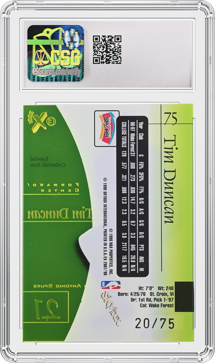 CSG Grades Valuable E-X2001 #75 Tim Duncan Card | CGC