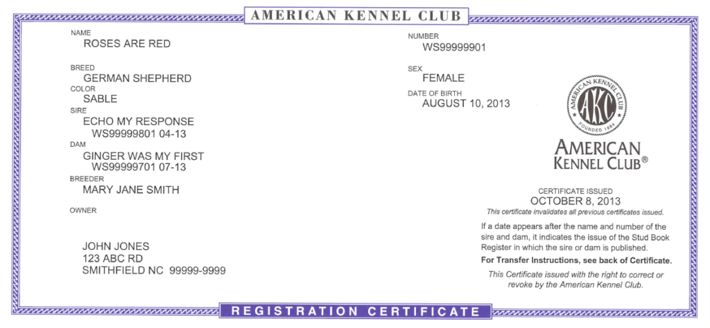 Registration Certificate – American Kennel Club
