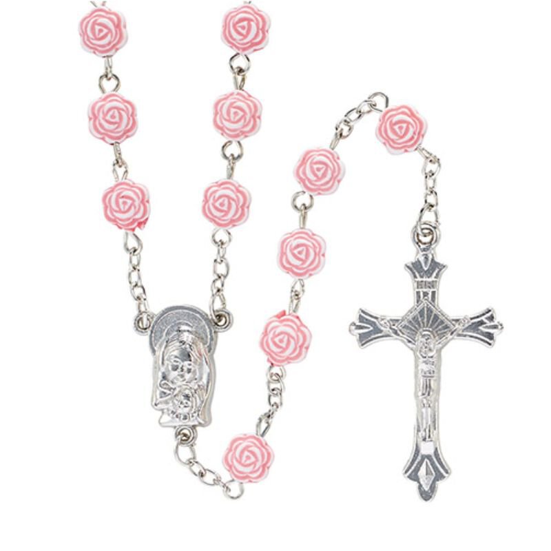 Pink Rose Bead Rosary - 12/pk