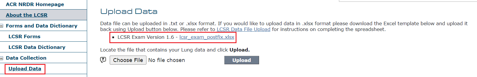 LCSR Upload Template : NRDR - National Radiology Data Registry Support