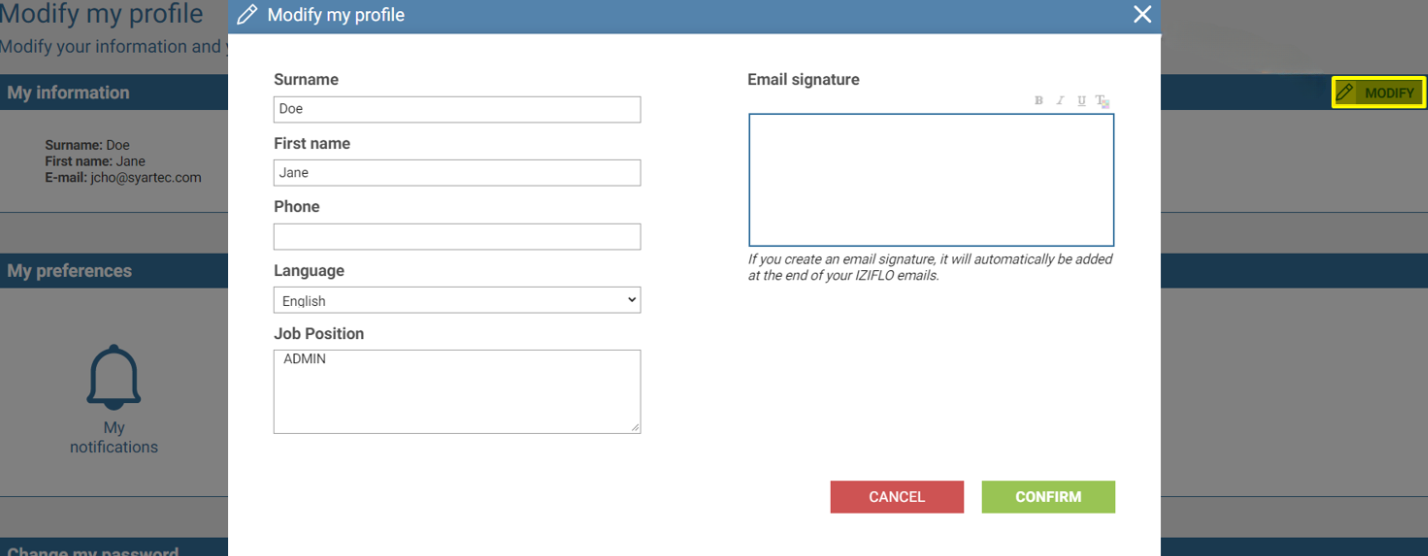 How do I modify my profile and password? : IZIFLO