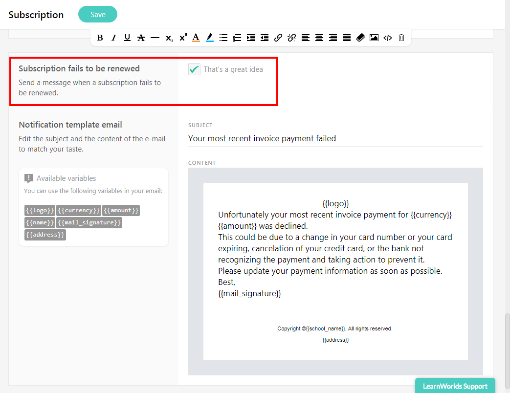 Subscription Notifications : LearnWorlds Help Center