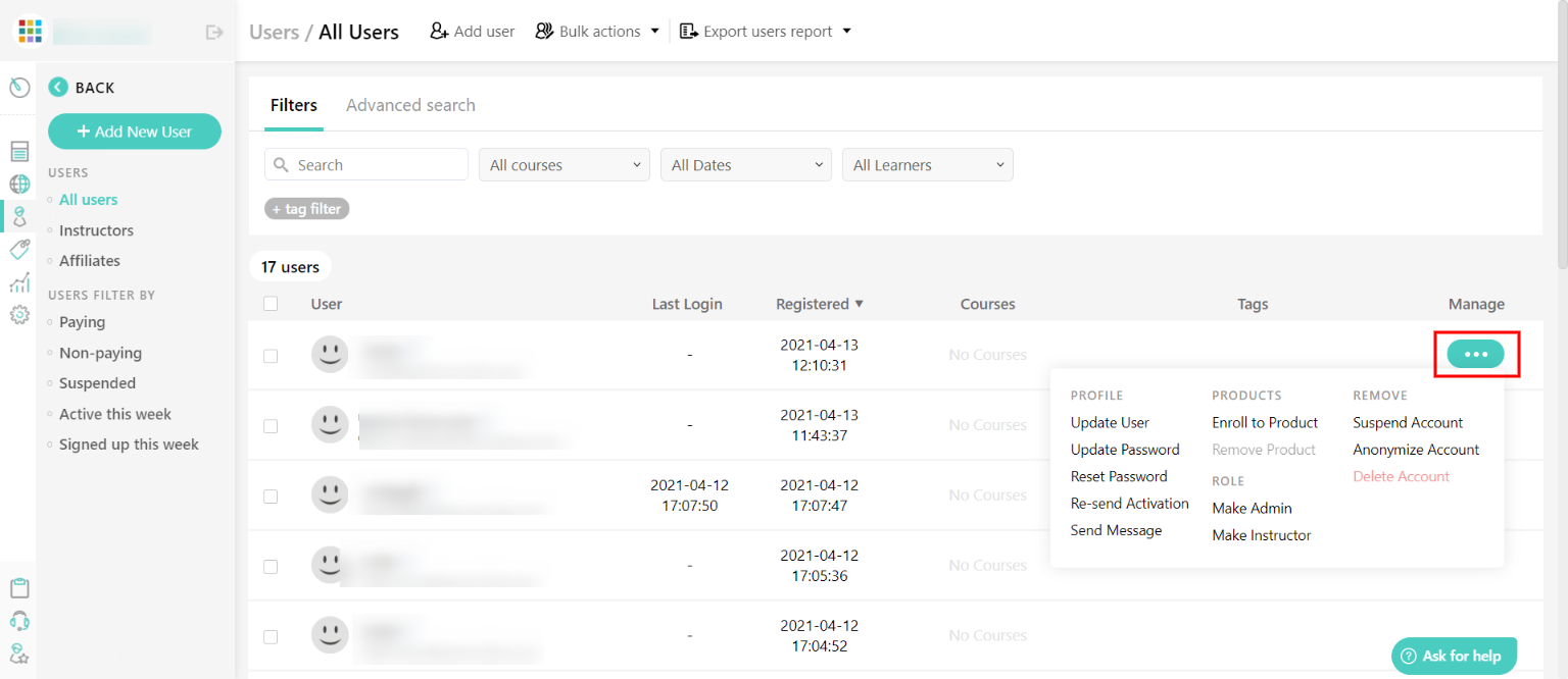 User Management Page : LearnWorlds Help Center