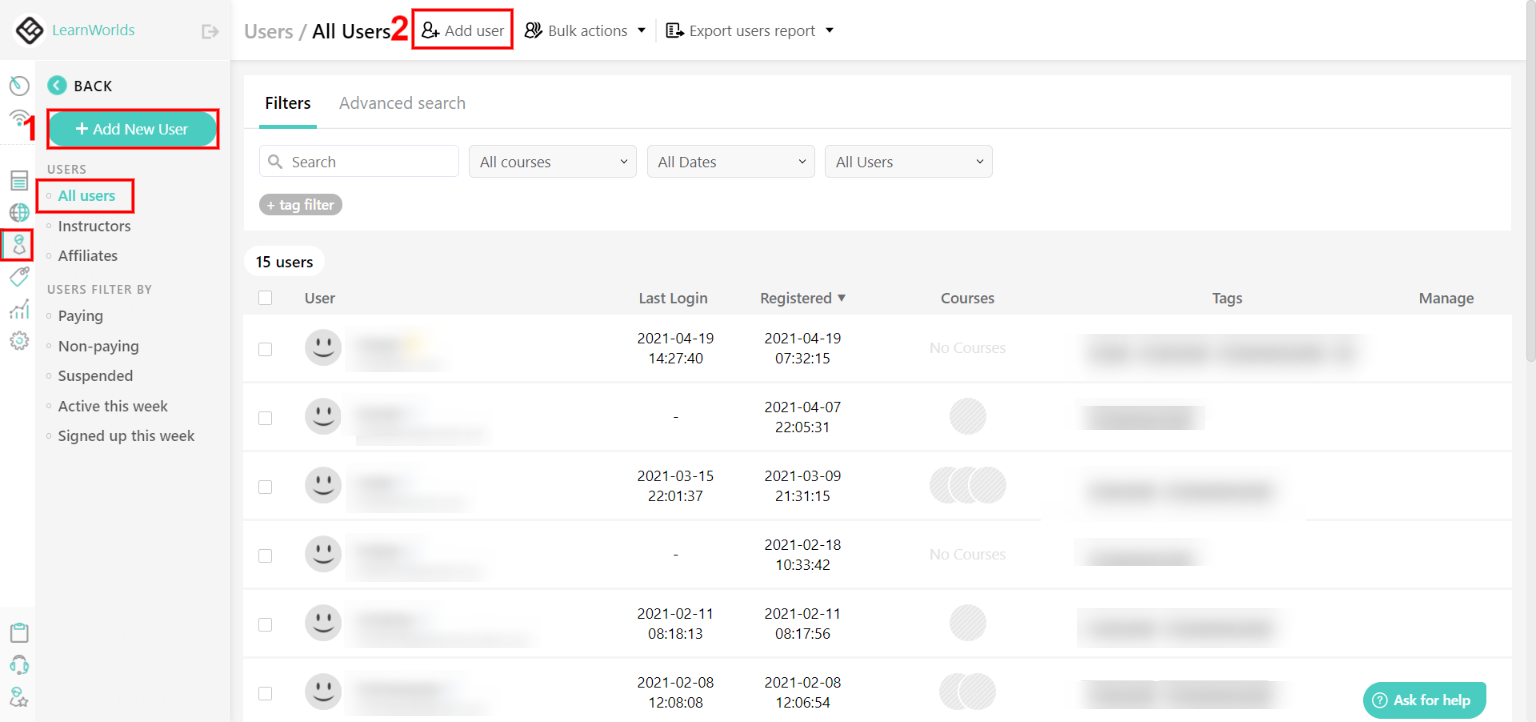 How to Add a New User - Search Users : LearnWorlds Help Center