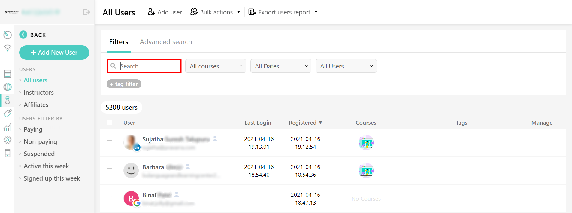How to Add a New User - Search Users : LearnWorlds Help Center