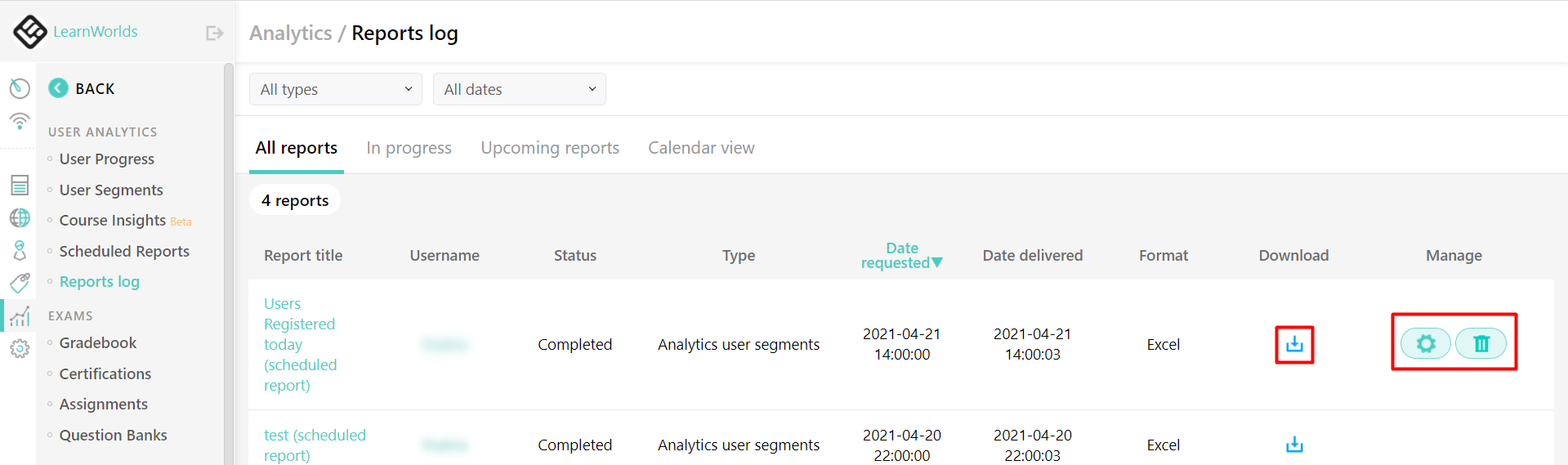 Reports Log page : LearnWorlds Help Center
