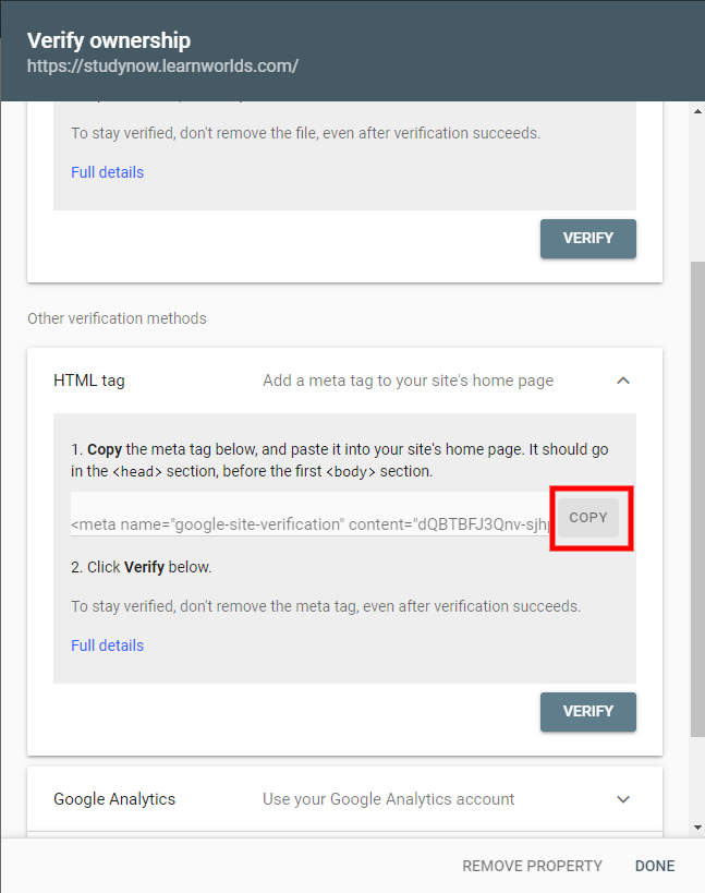 How to Verify your LearnWorlds School with Google : LearnWorlds Help Center
