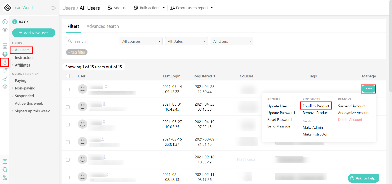 How to manually enroll a user in a subscription plan in LearnWorlds : LearnWorlds Help Center