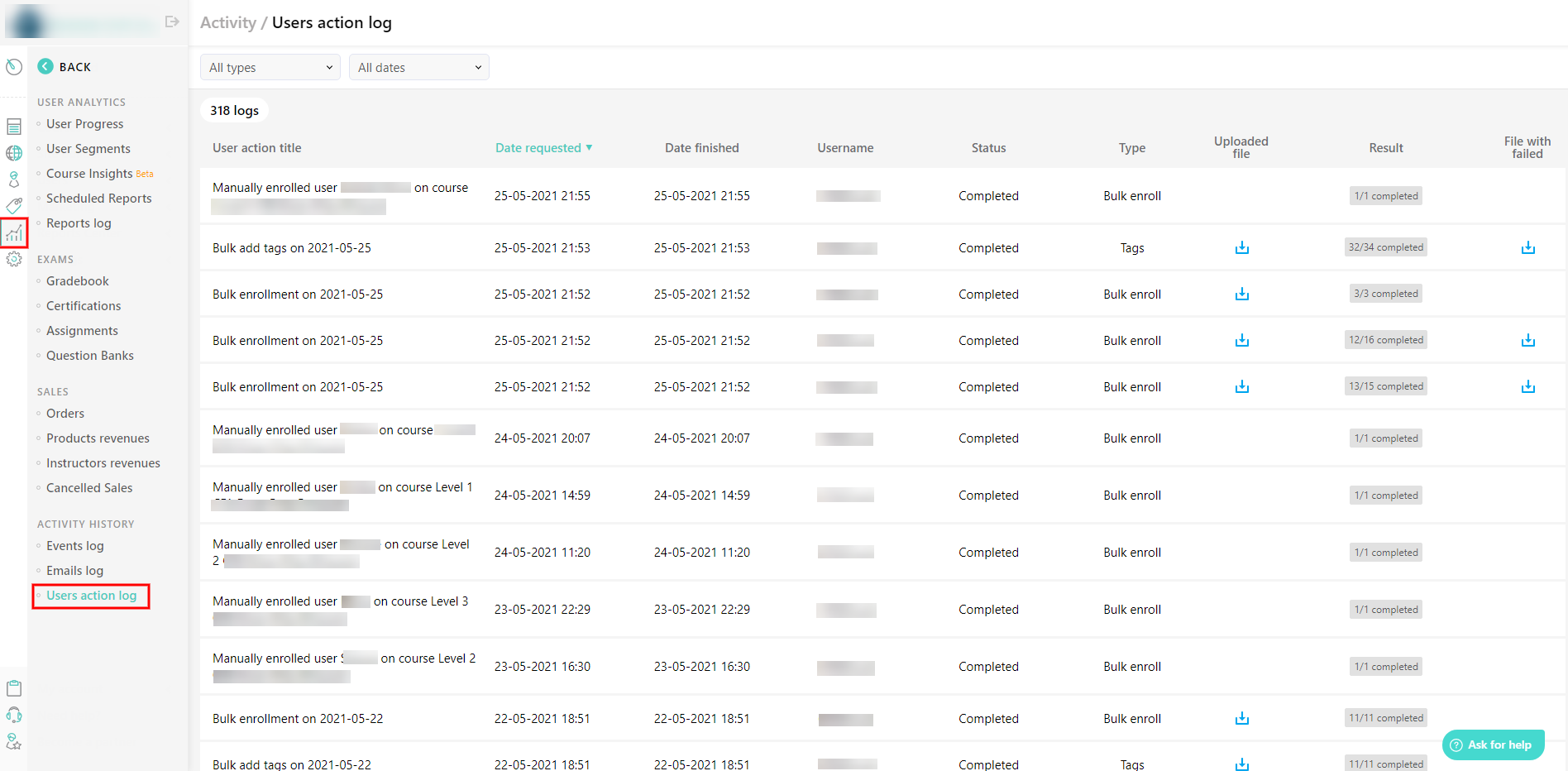 Users Action Log - How to Monitor your Bulk Actions : LearnWorlds Help ...