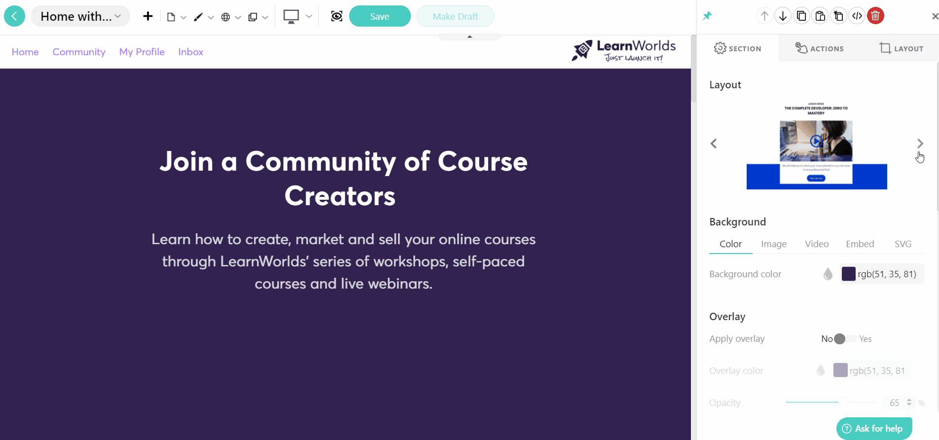 How to Change a Section's Layout in a Click : LearnWorlds Help Center