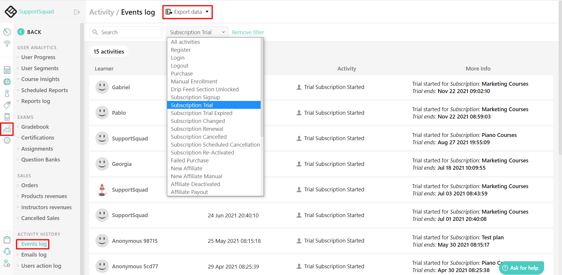 How to Download/Export your School Data : LearnWorlds Help Center