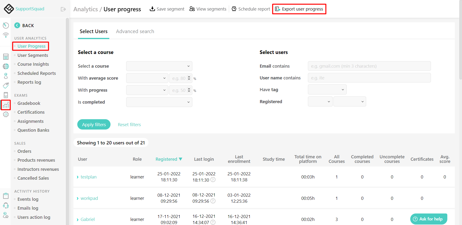 How to Download/Export your School Data : LearnWorlds Help Center