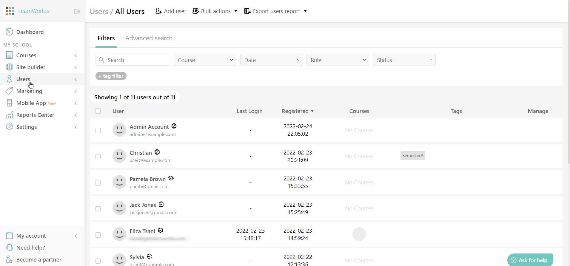 User Management Page : LearnWorlds Help Center