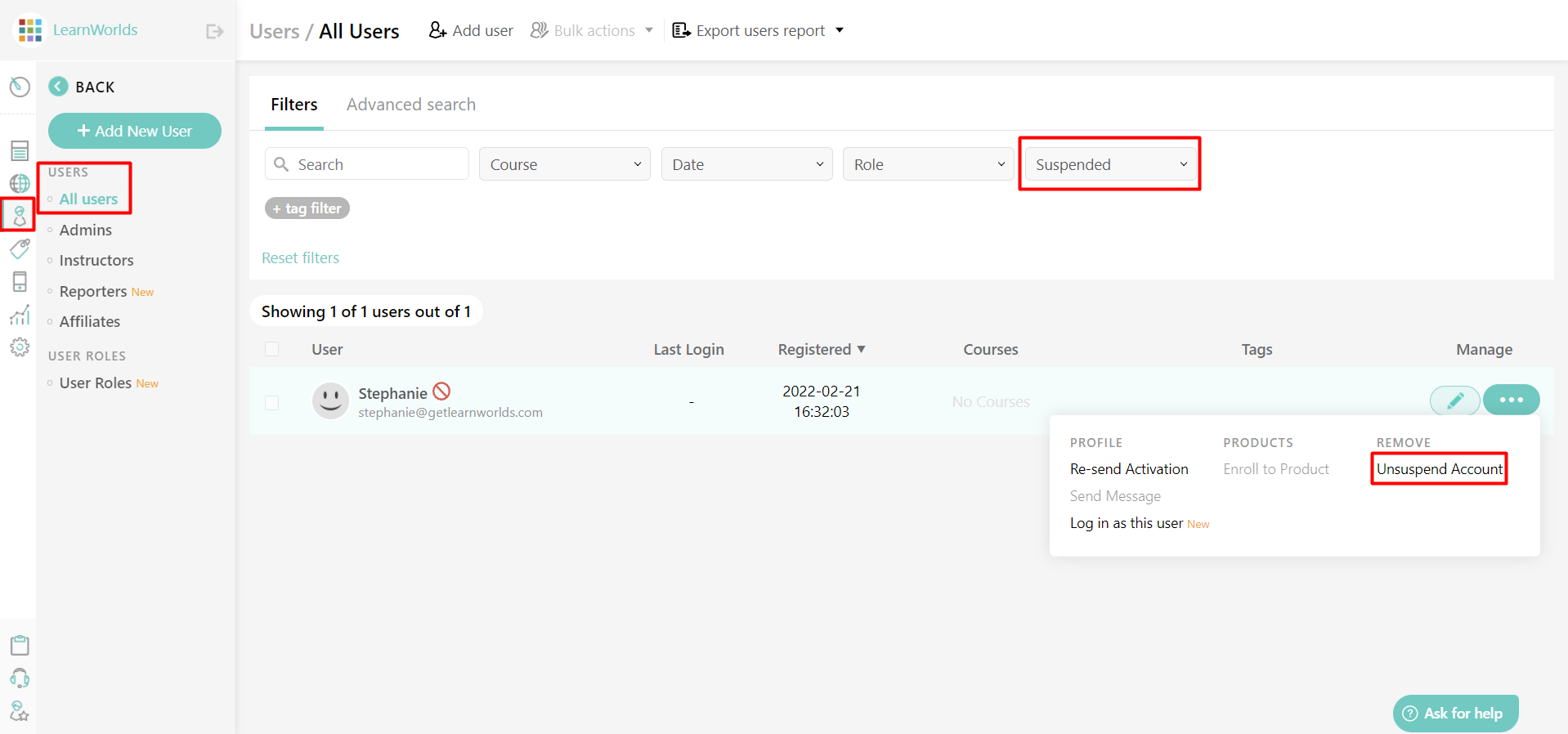 How to Unsuspend a User : LearnWorlds Help Center