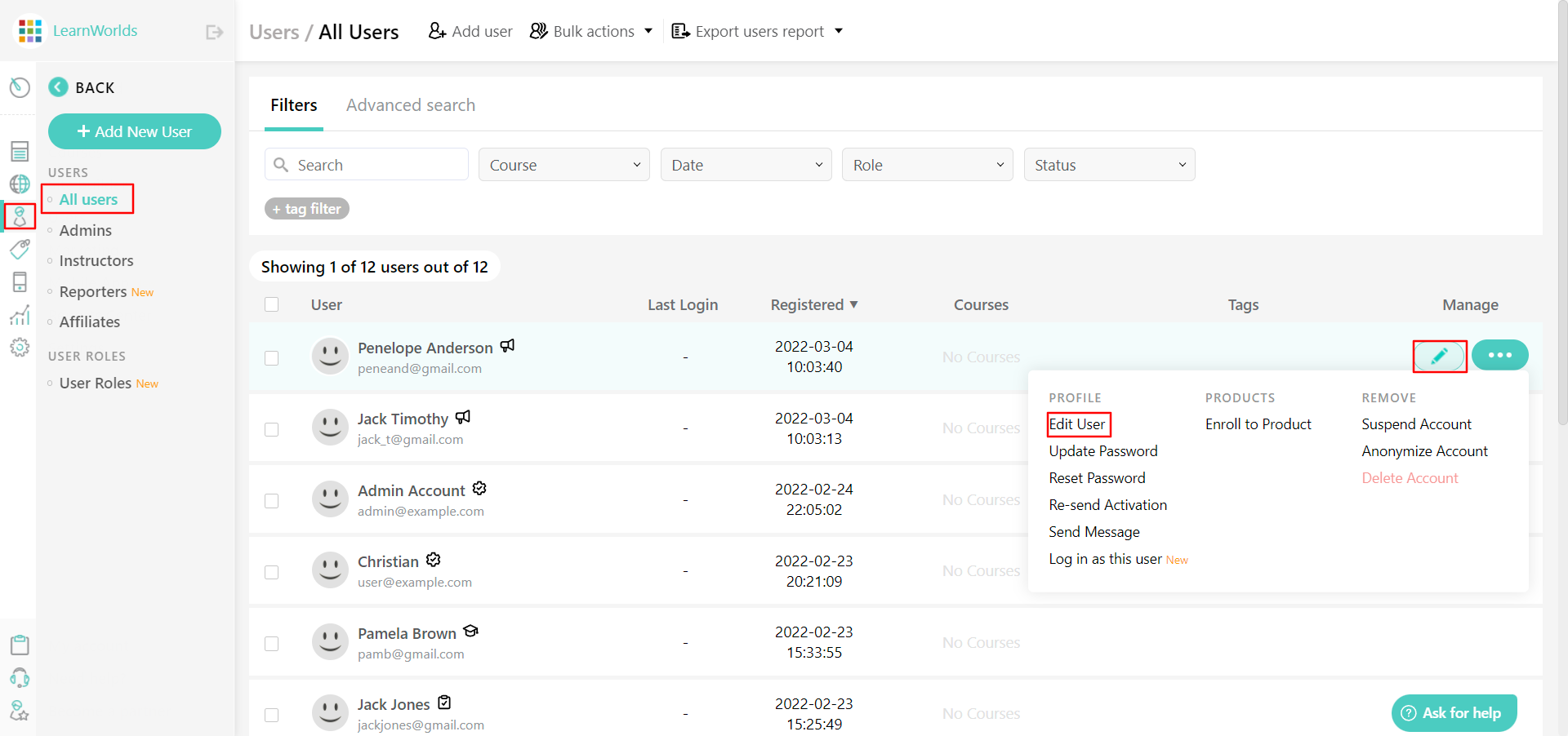 How to Update/Edit User Details : LearnWorlds Help Center