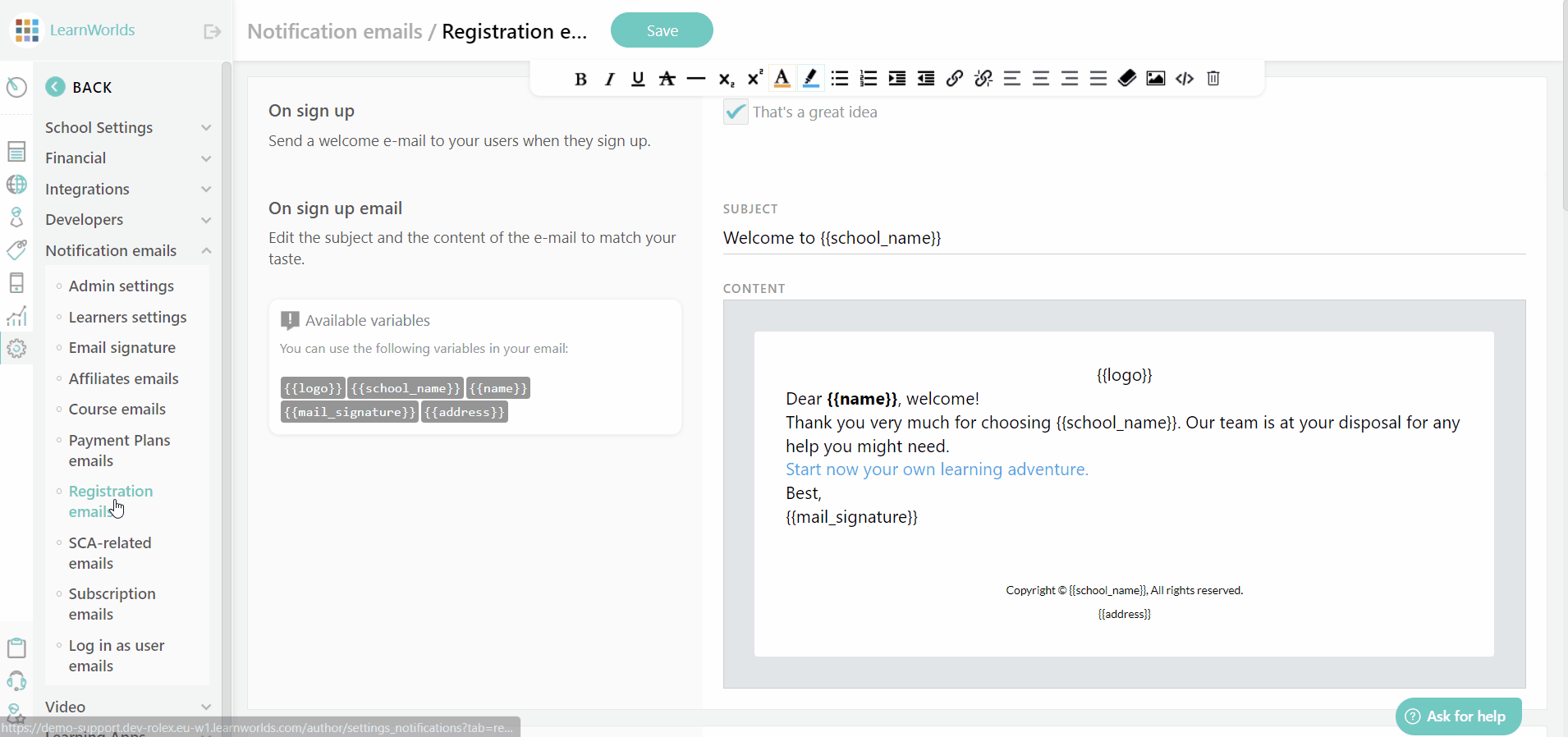How to Edit your Registration Notification Emails : LearnWorlds Help Center