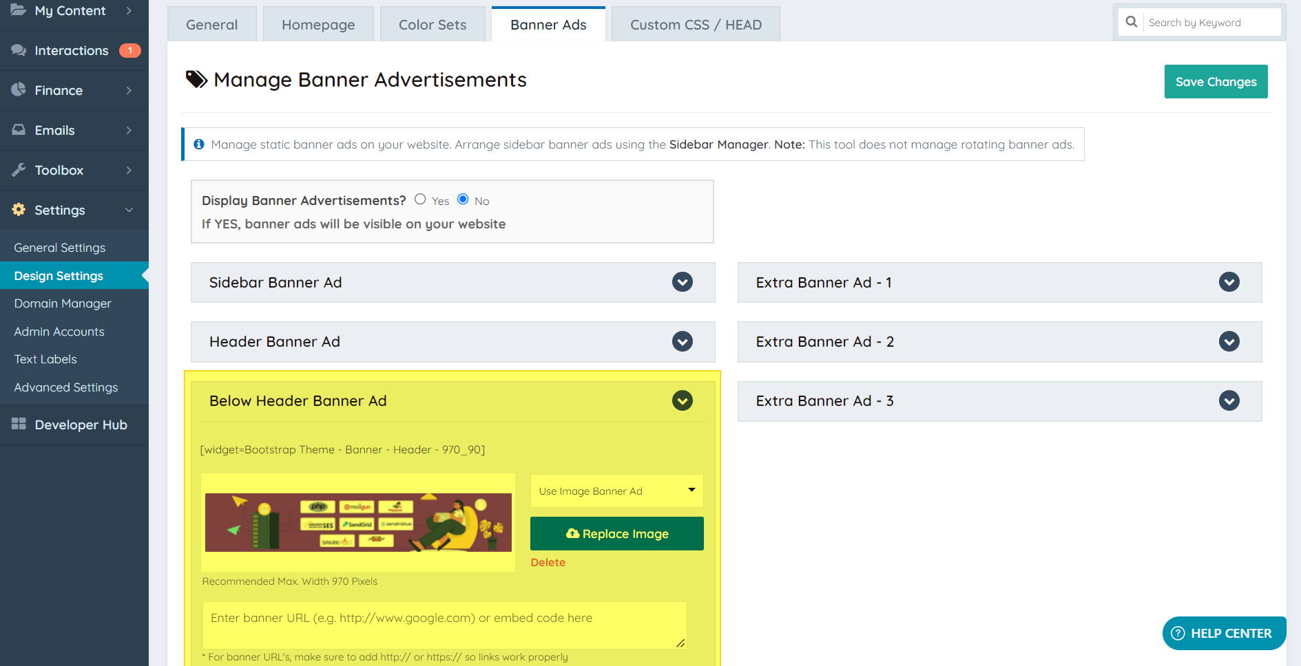 Settings » Design Settings » Banner Ads : Solution Center