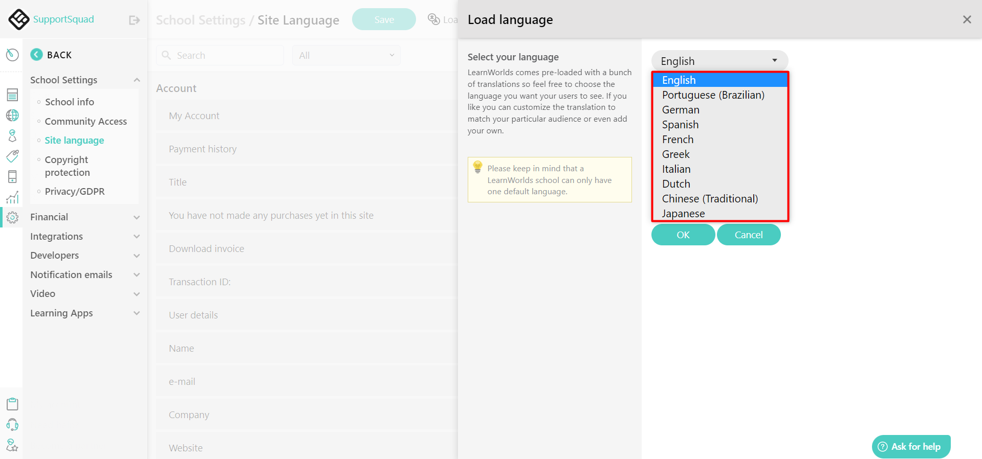 How to Edit the Site Language & Translate interface texts : LearnWorlds ...