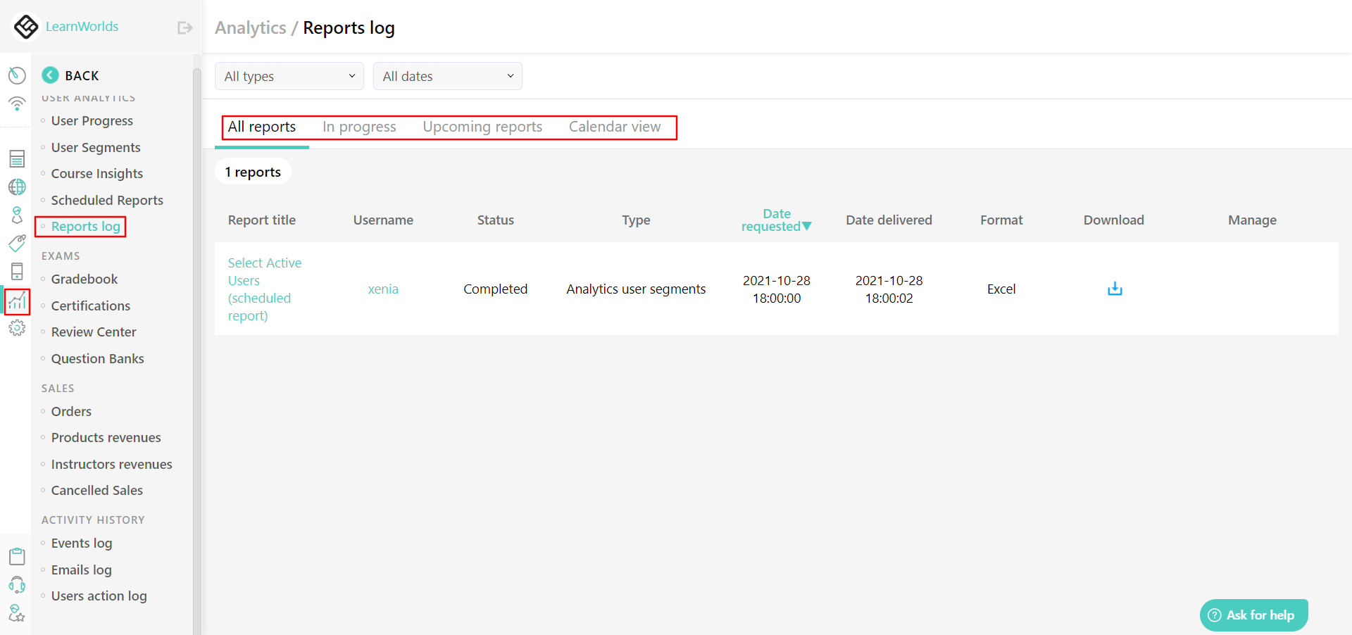 Reports Log page : LearnWorlds Help Center