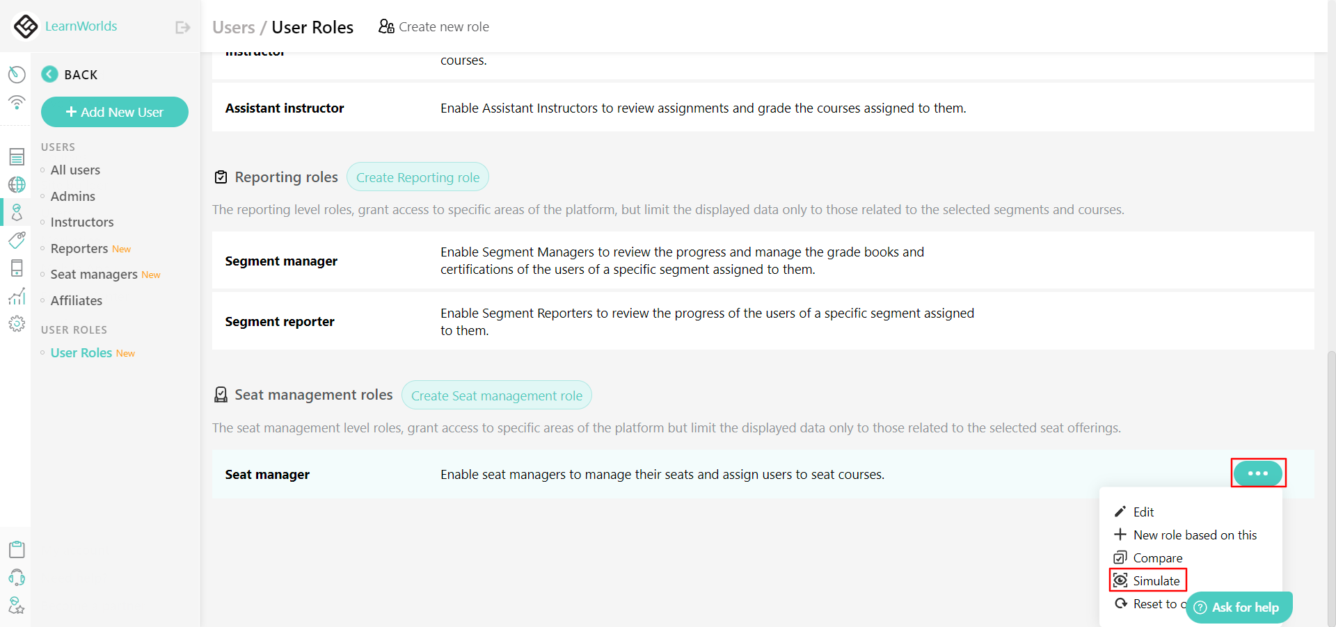 How to Create a Seat Management Role : LearnWorlds Help Center