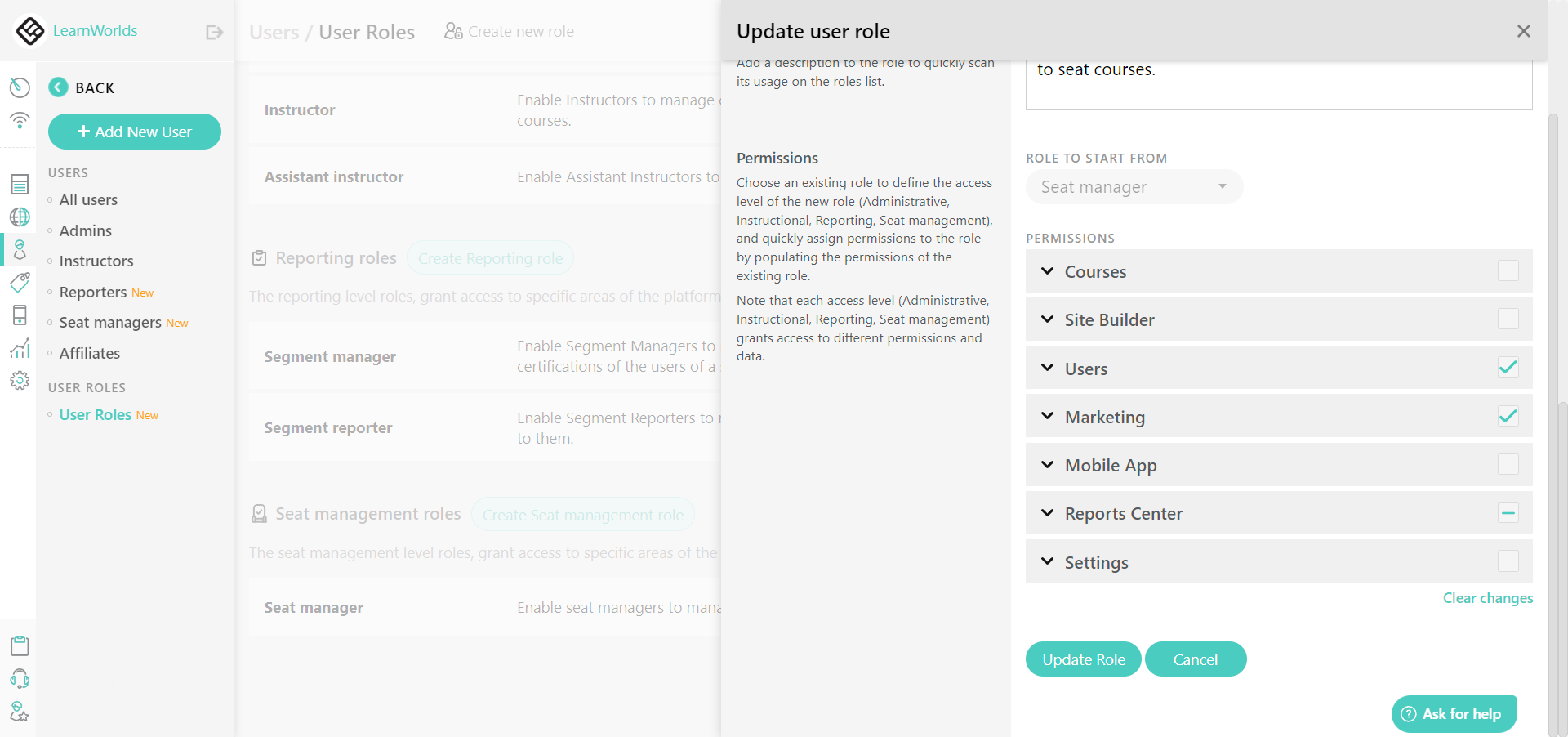 How to Create a Seat Management Role : LearnWorlds Help Center