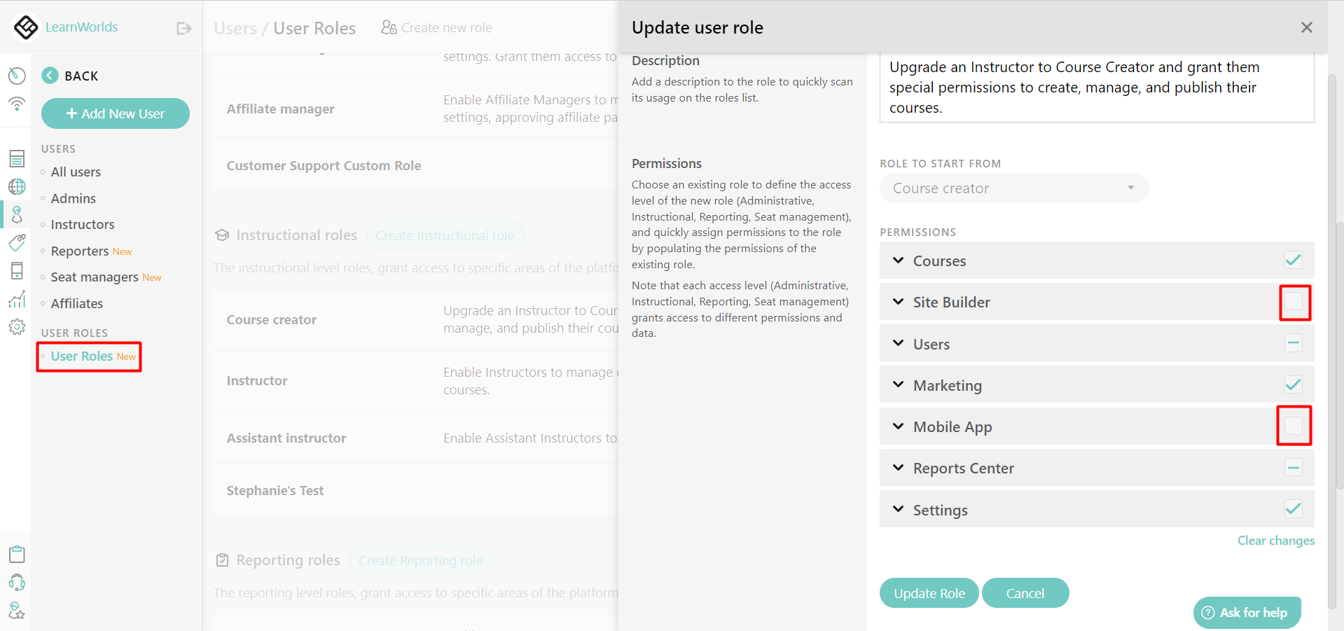 General Overview: User Roles : LearnWorlds Help Center