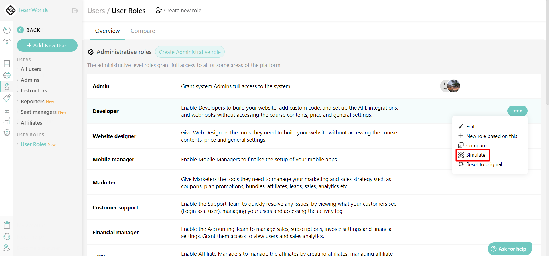 General Overview: User Roles : LearnWorlds Help Center