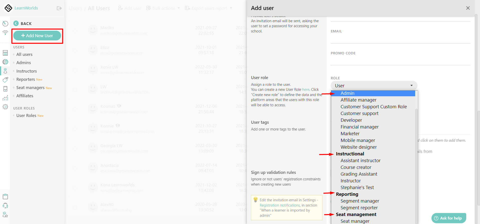 How to Assign User Roles : LearnWorlds Help Center