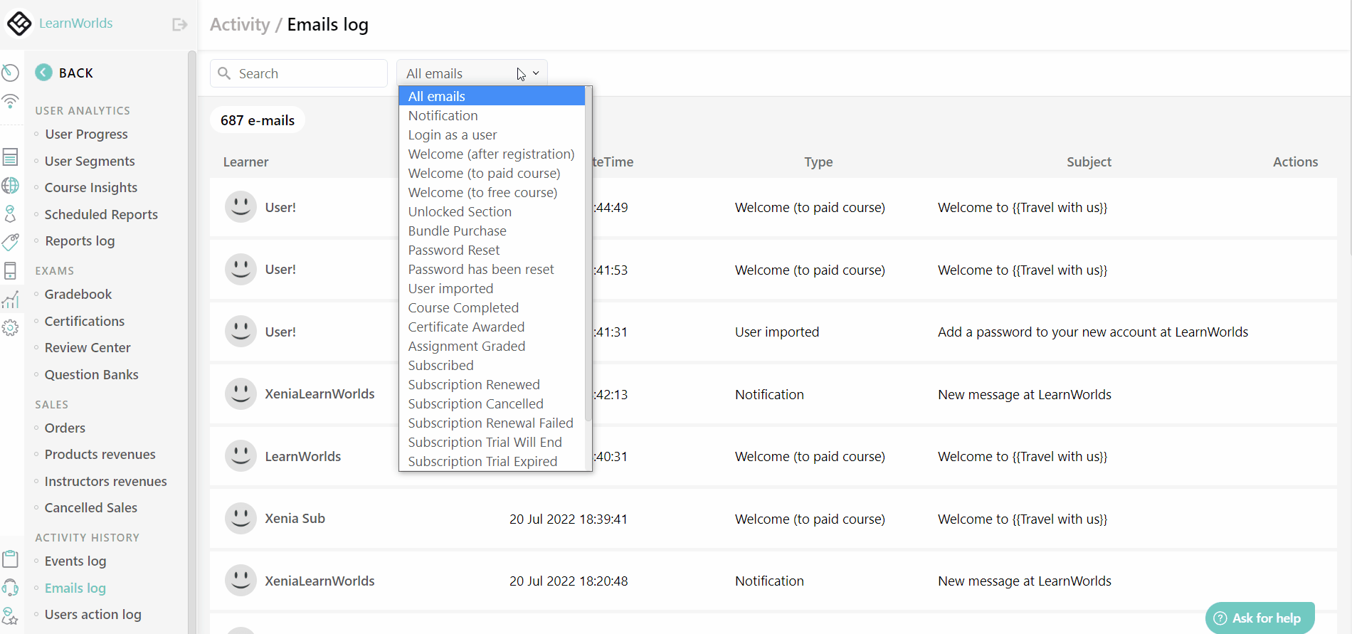 Emails Log: How to Monitor your School's Emails : LearnWorlds Help Center