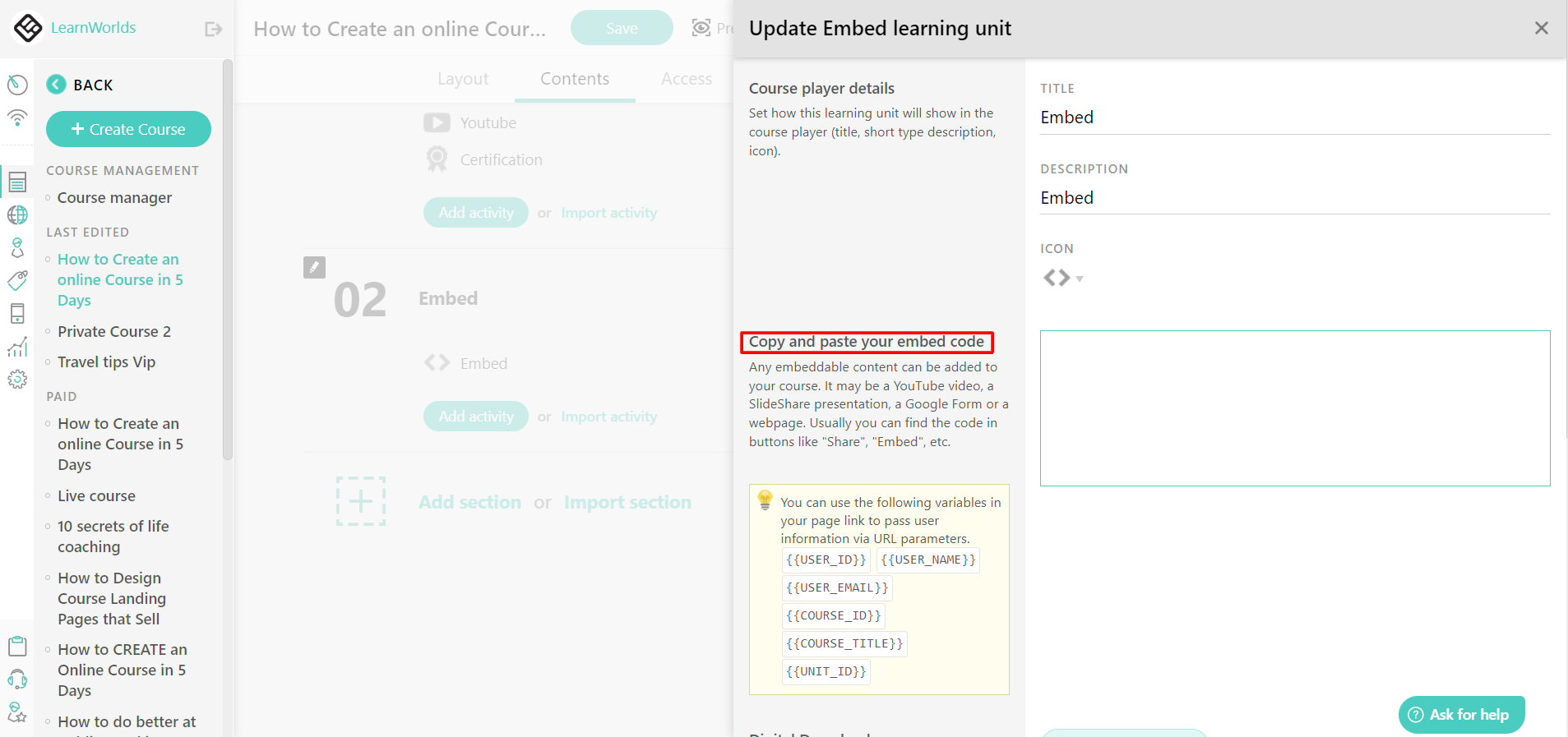 How to Embed Visme Content in your Courses : LearnWorlds Help Center