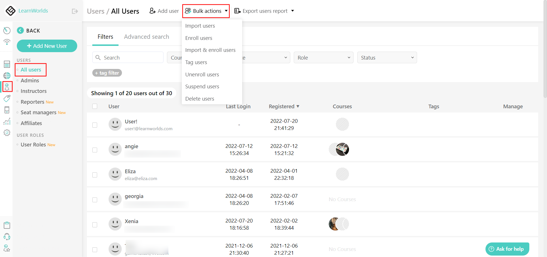 User Management - Bulk Actions : LearnWorlds Help Center