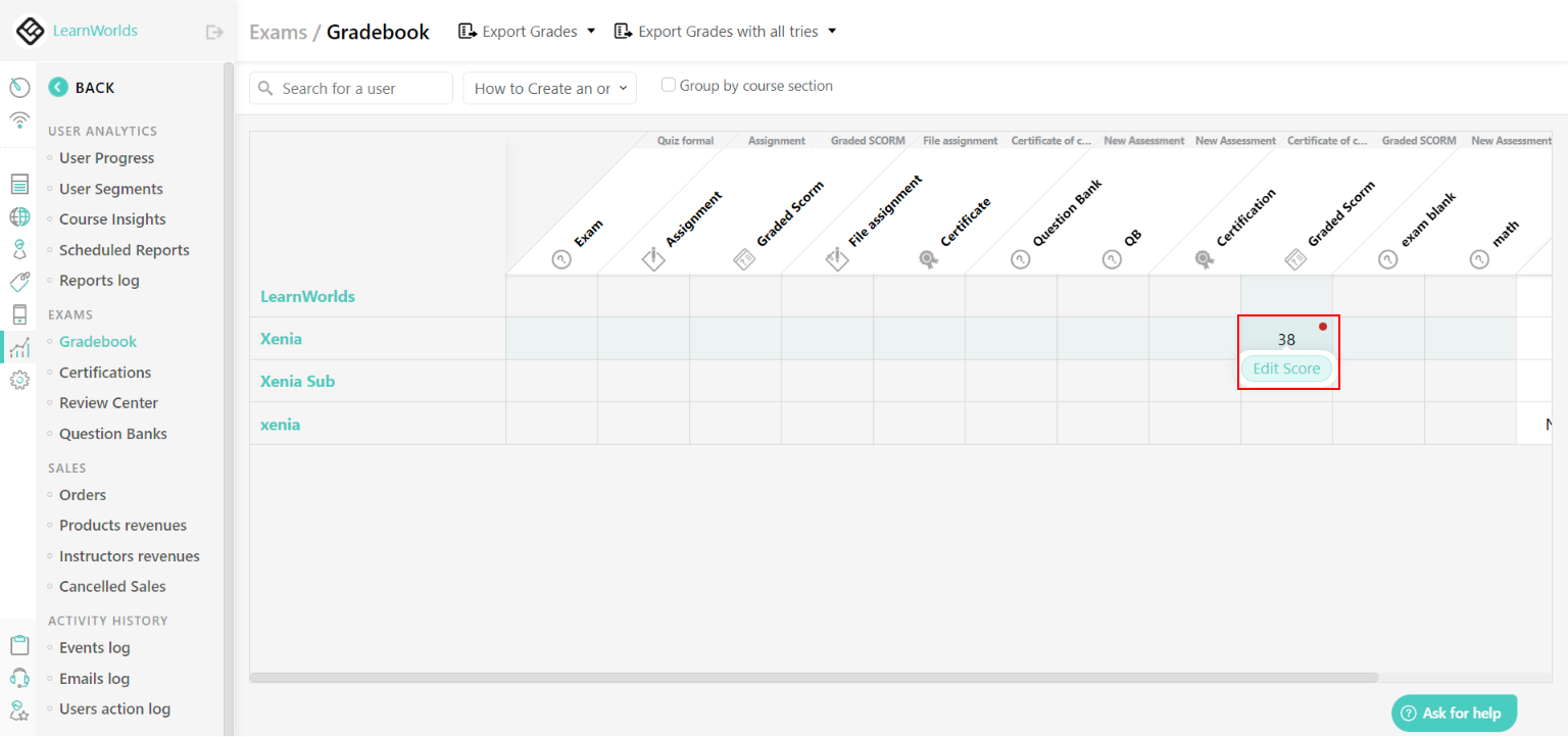 How to Manage the Graded SCORM Results in Gradebook : LearnWorlds Help ...
