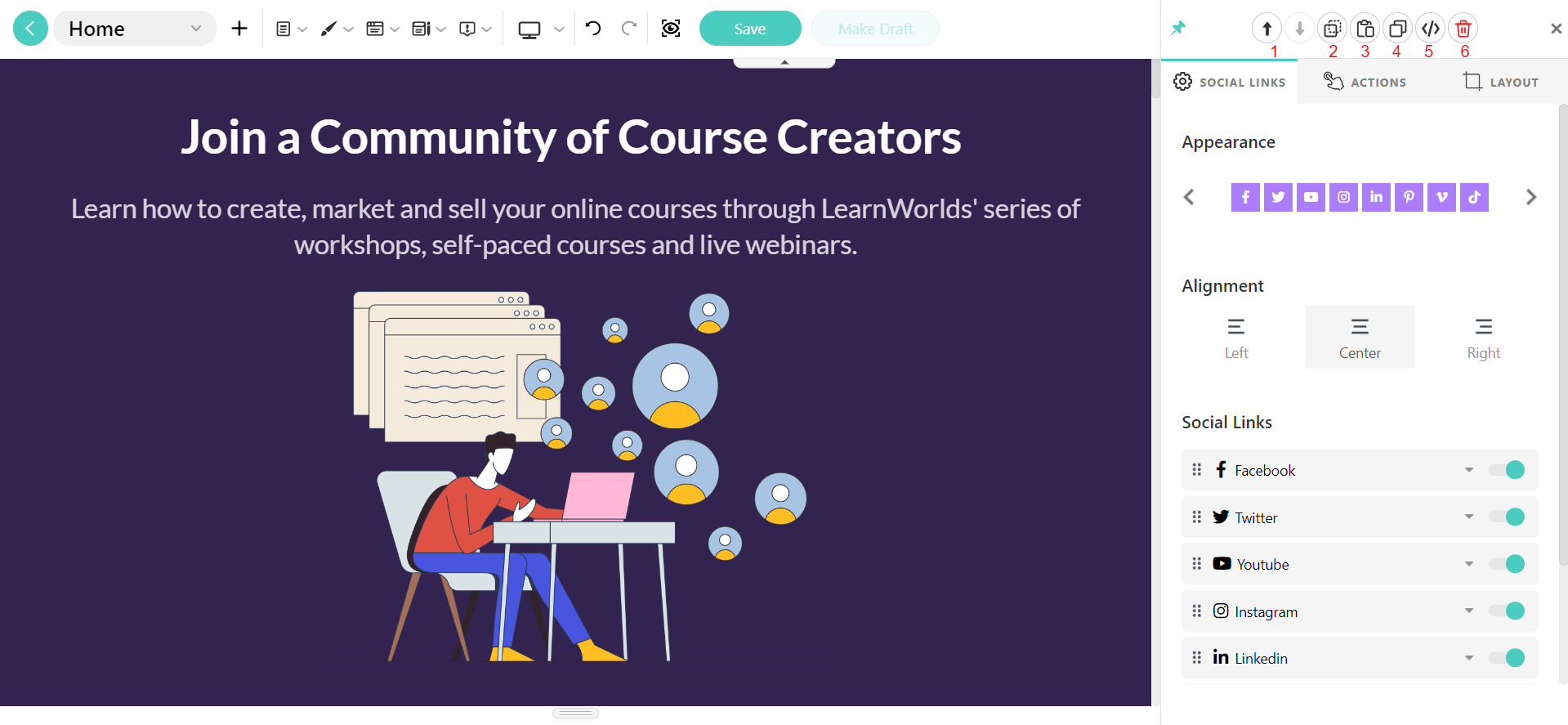 How to Add, Delete and Move Sections in your Pages : LearnWorlds Help Center