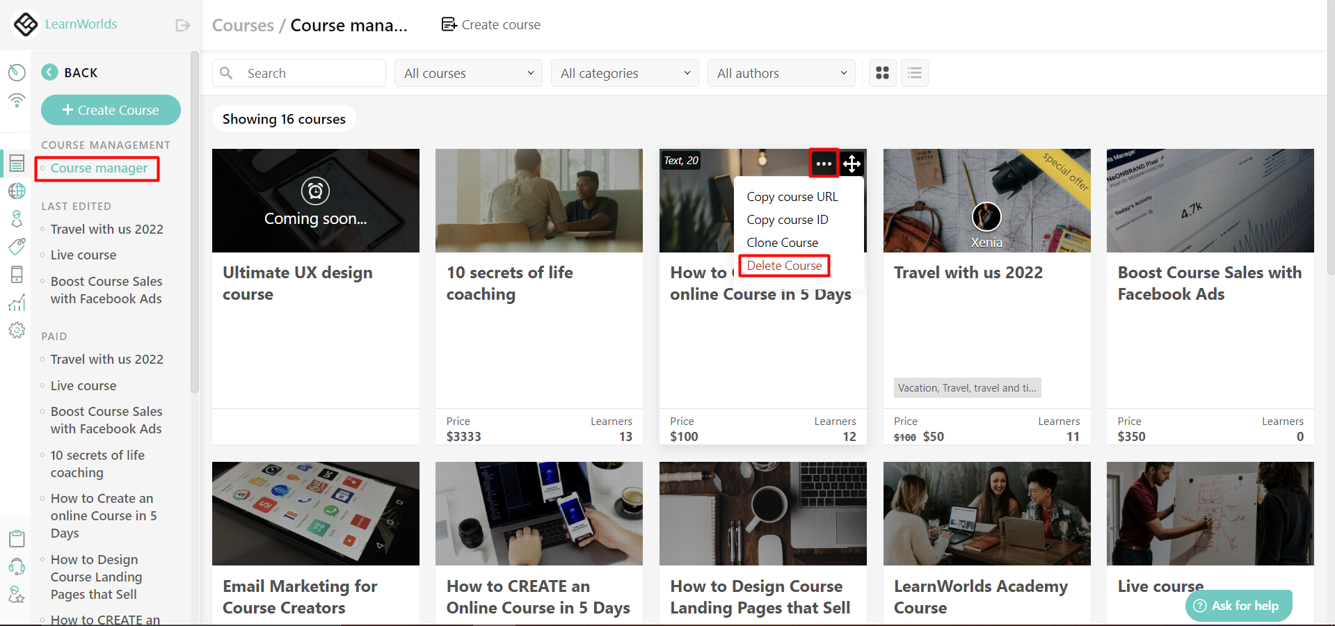 How to Delete a Course : LearnWorlds Help Center