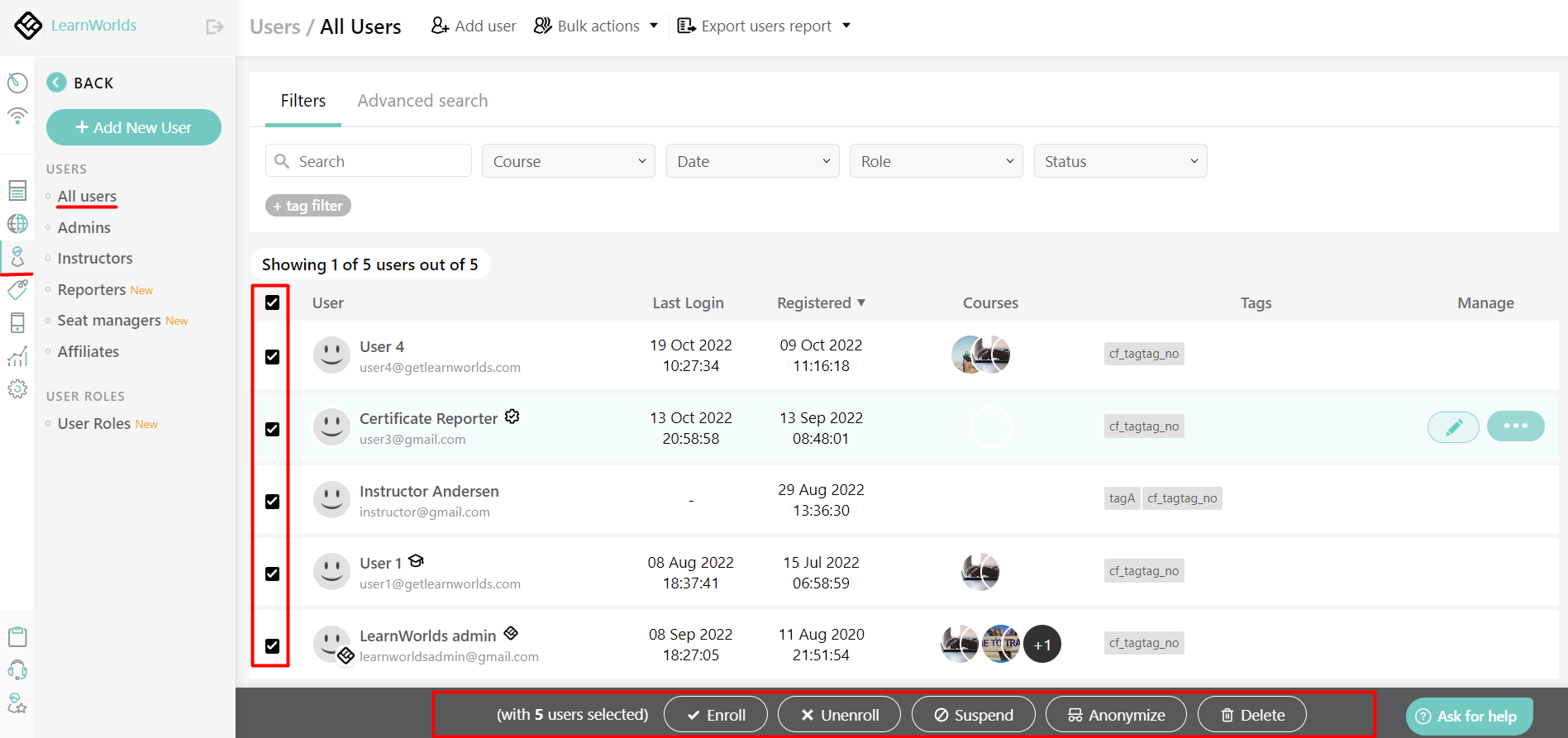 User Management - Bulk Actions : LearnWorlds Help Center