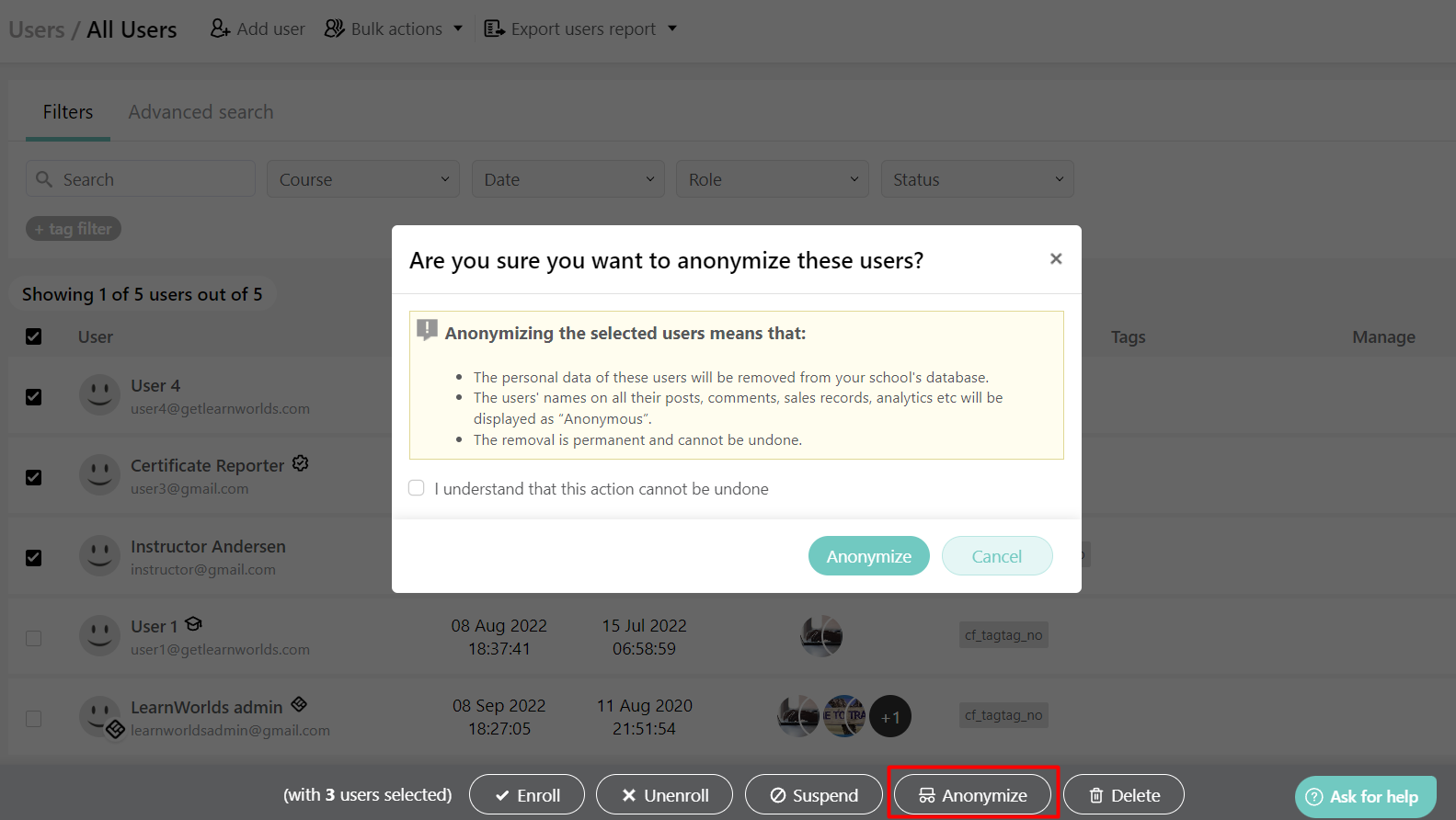 User Management - Bulk Actions : LearnWorlds Help Center