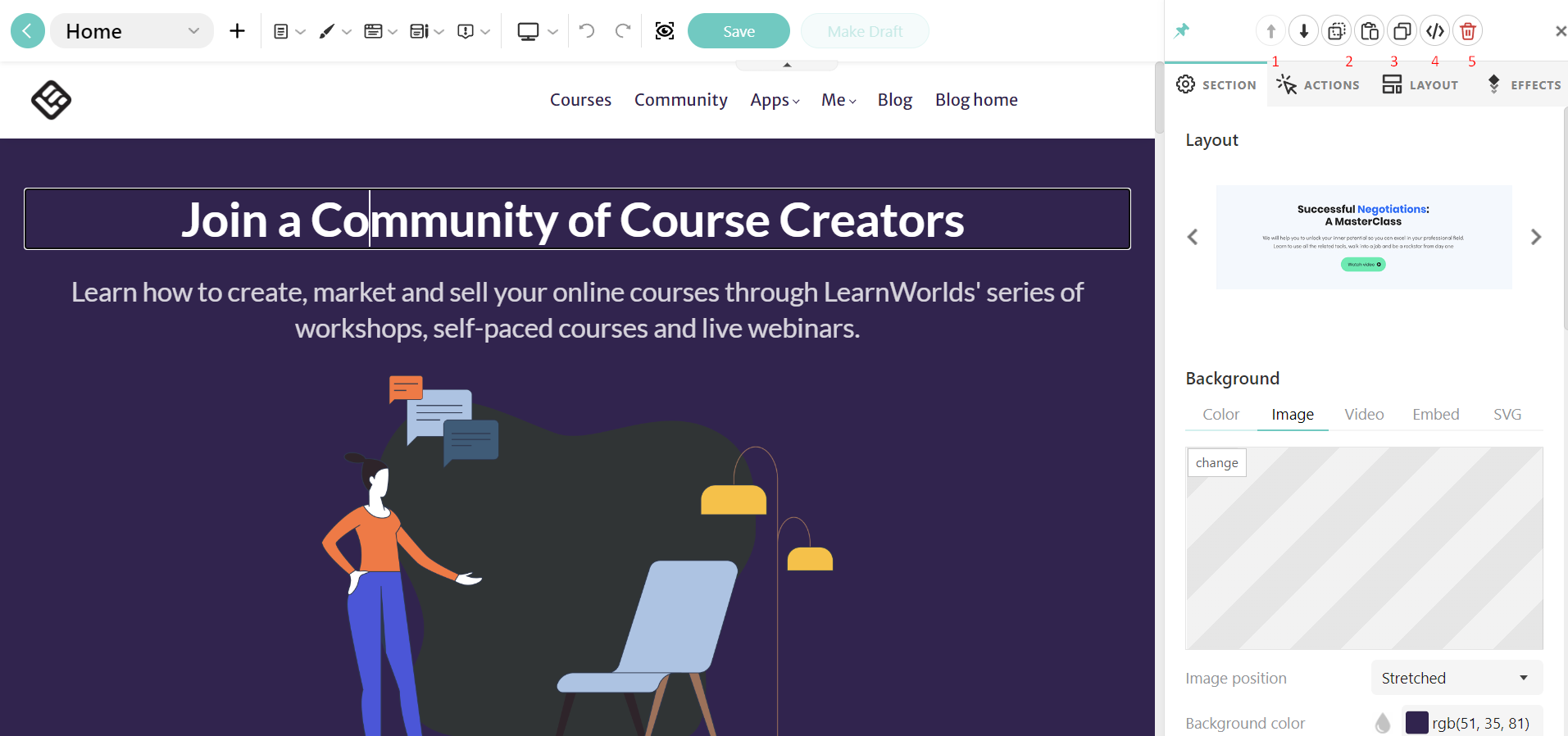 How to Add, Delete and Move Sections in your Pages : LearnWorlds Help Center