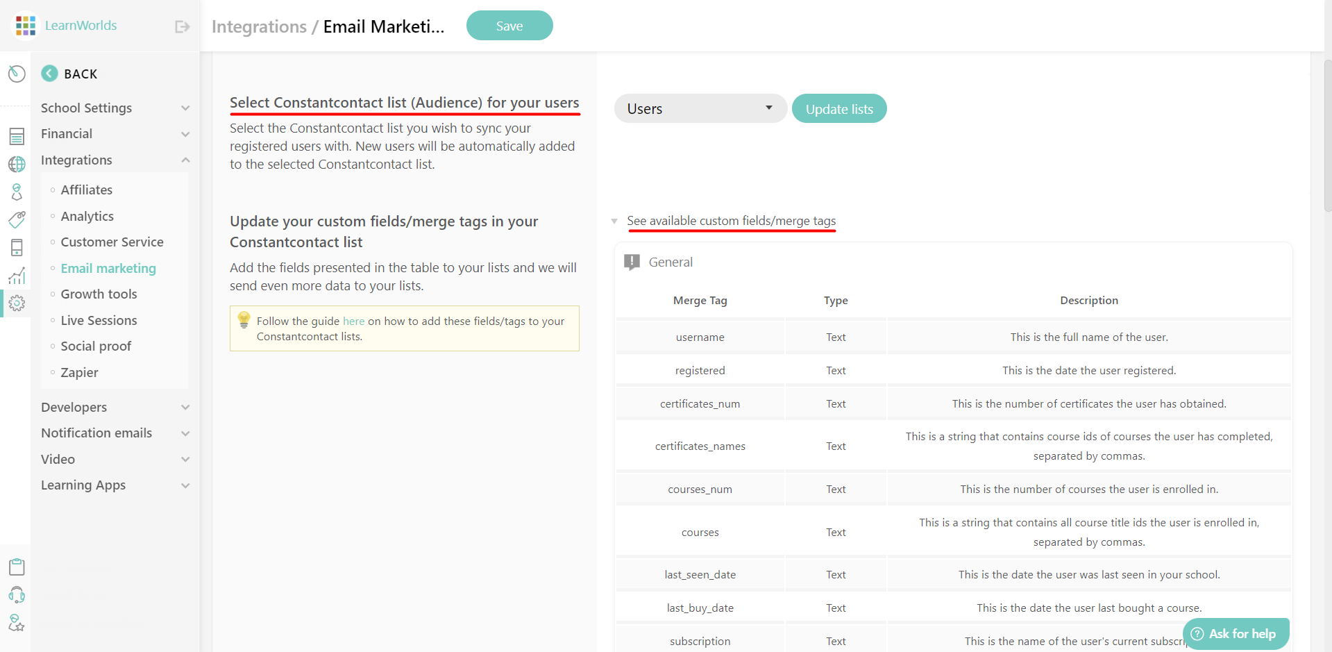 How to Integrate ConstantContact with your LearnWorlds school : LearnWorlds Help Center