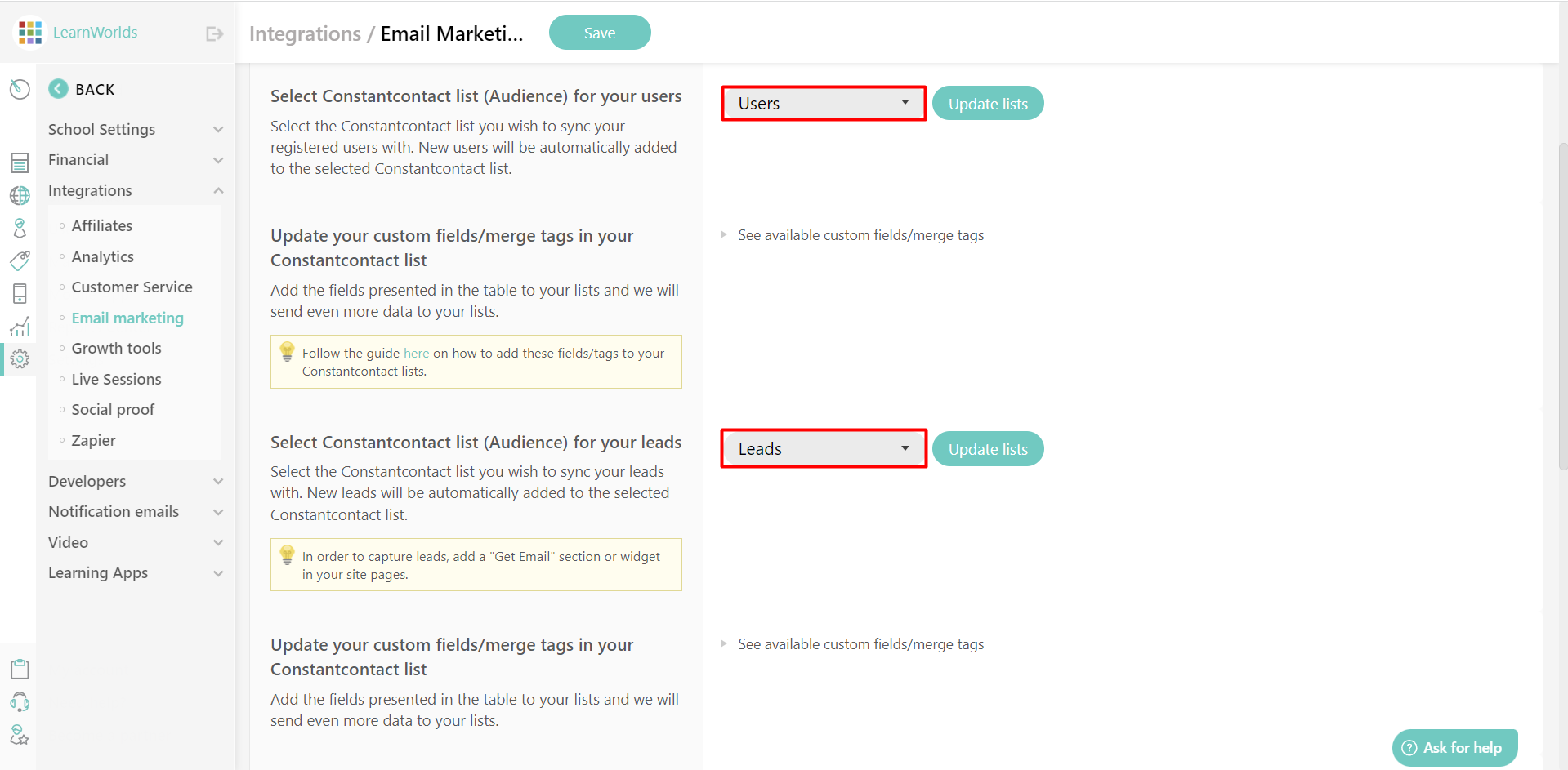 How to Integrate ConstantContact with your LearnWorlds school : LearnWorlds Help Center