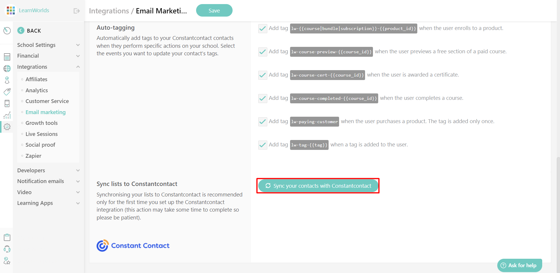 How to Integrate ConstantContact with your LearnWorlds school : LearnWorlds Help Center