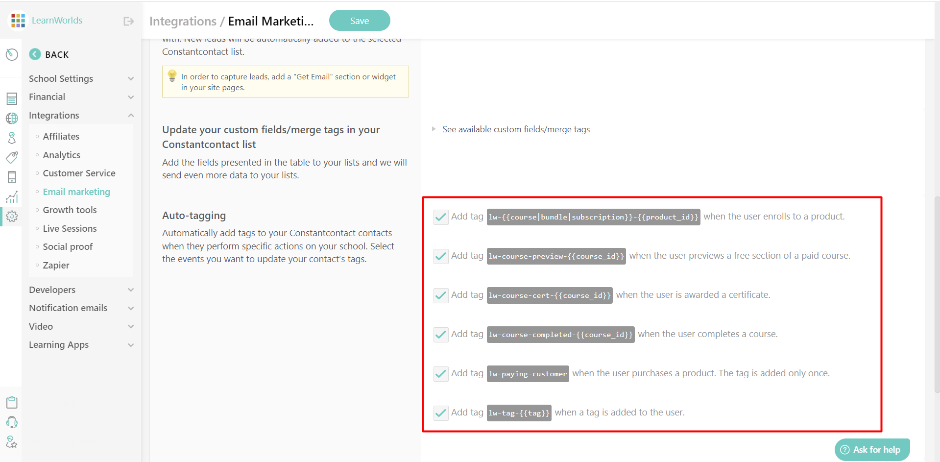 How to Integrate ConstantContact with your LearnWorlds school : LearnWorlds Help Center
