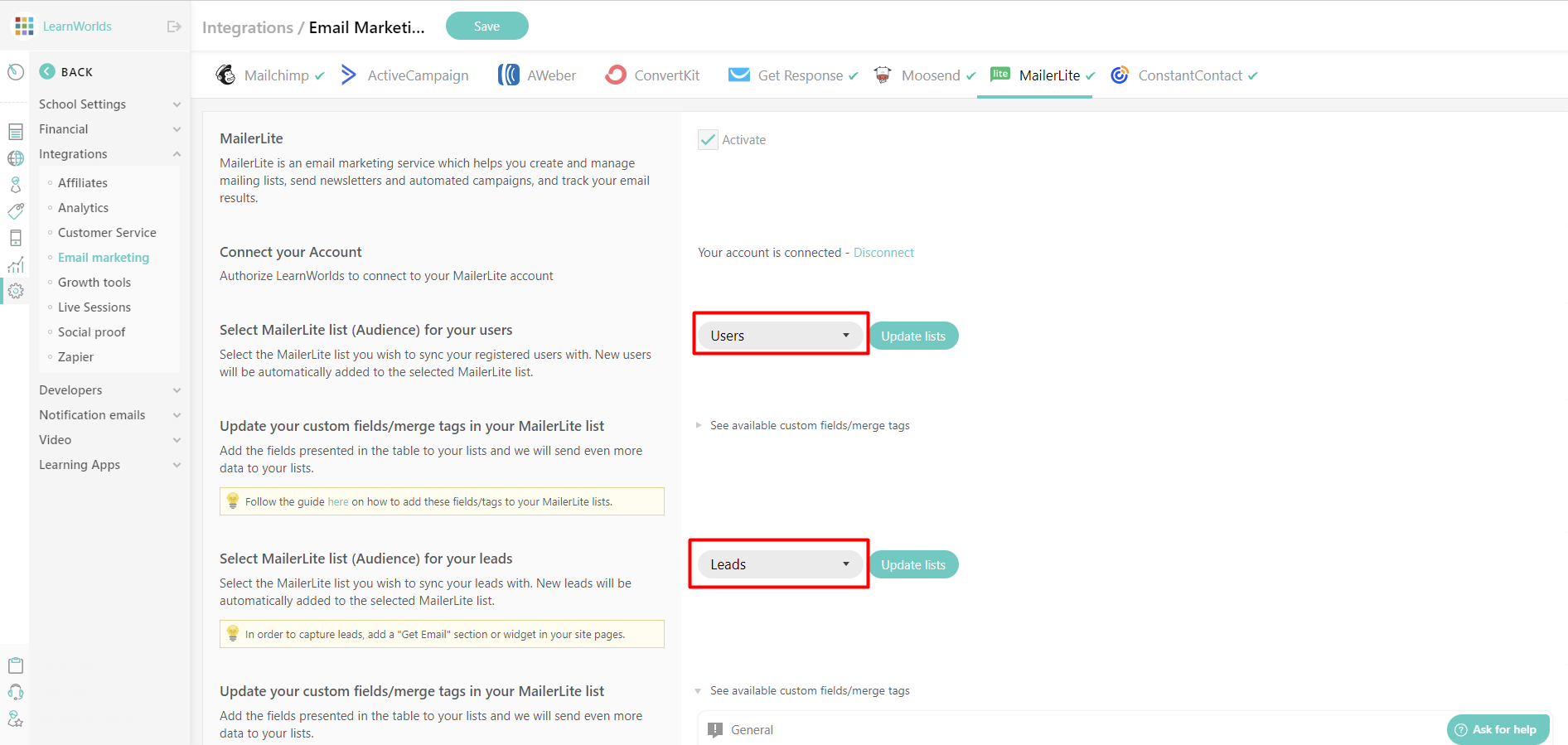 How to Integrate MailerLite with your LearnWorlds school : LearnWorlds Help Center