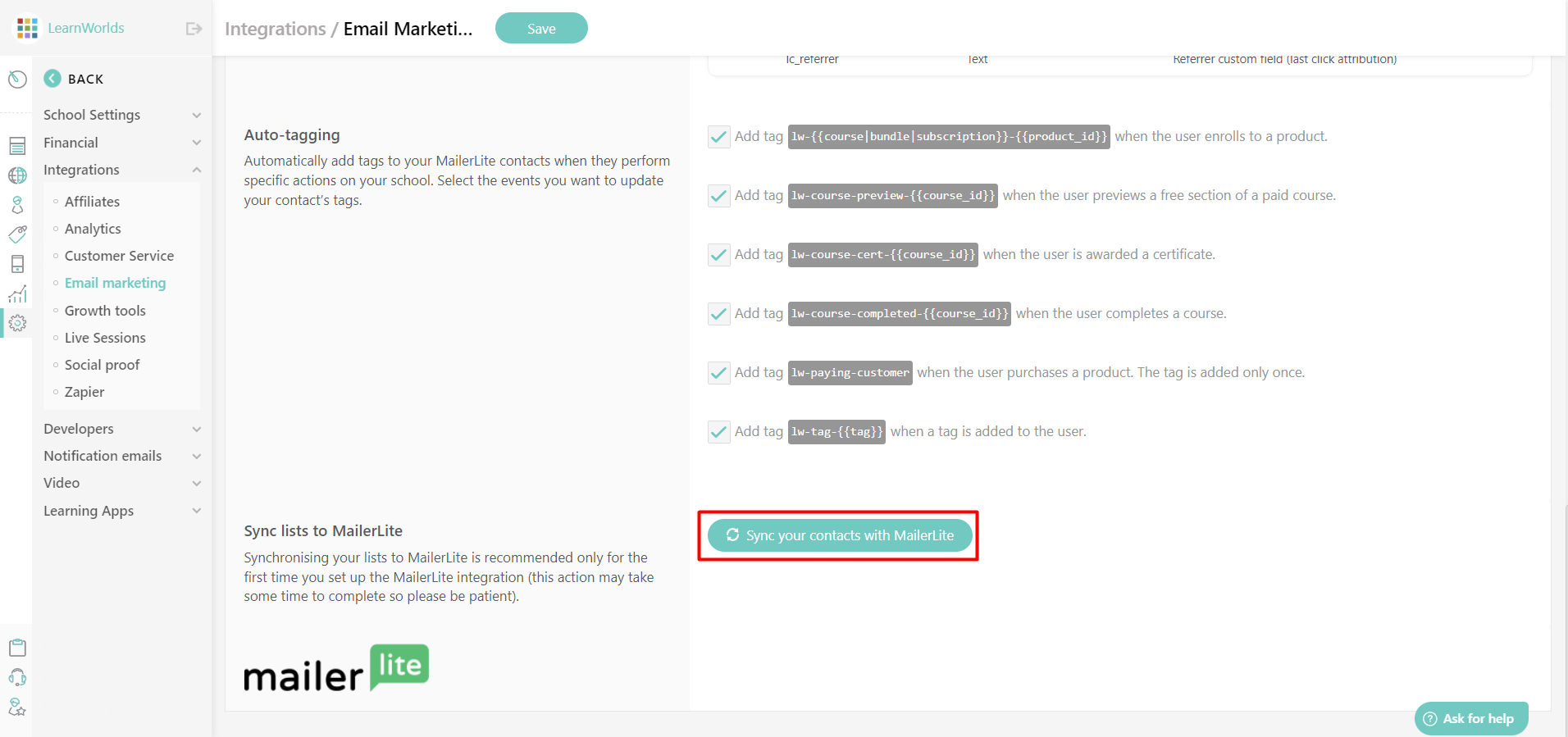 How to Integrate MailerLite with your LearnWorlds school : LearnWorlds Help Center