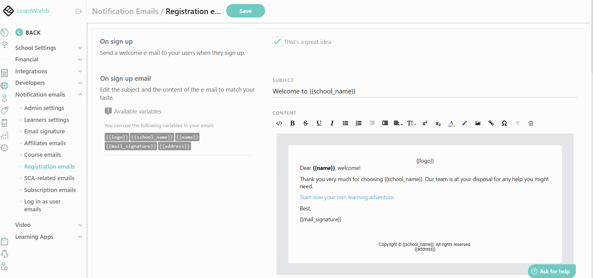 How to Edit your Registration Notification Emails : LearnWorlds Help Center