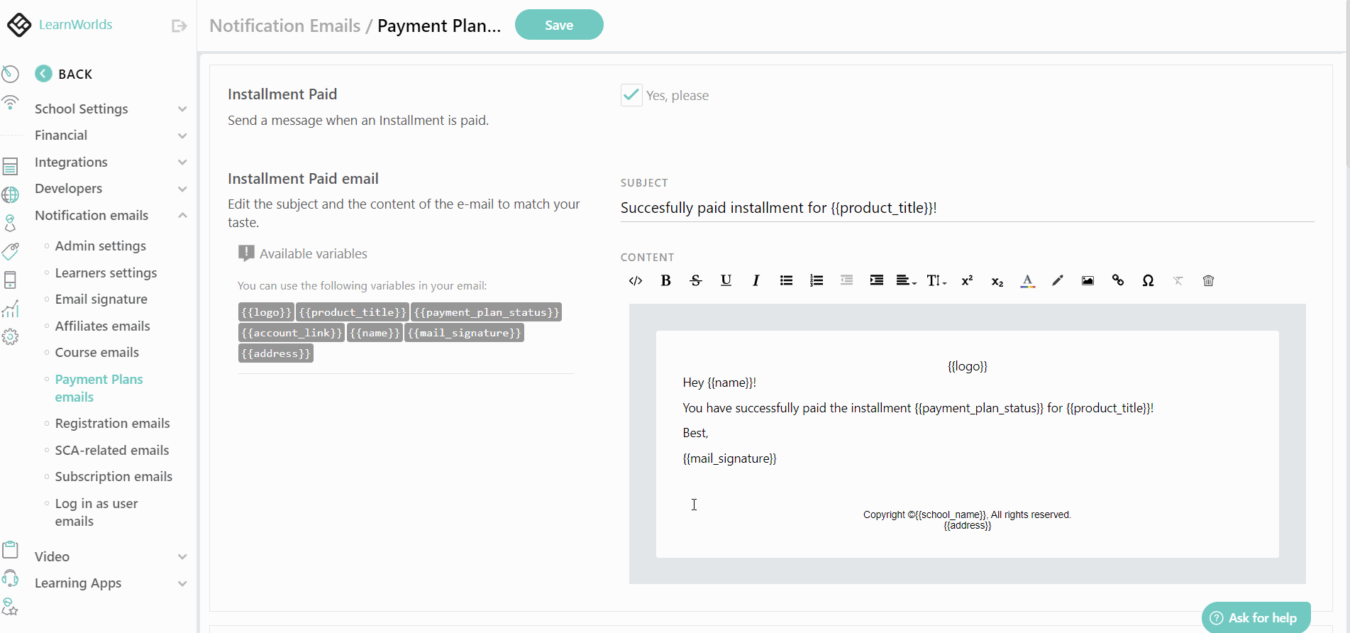 How to Edit your Payment Plans Notification Emails : LearnWorlds Help ...