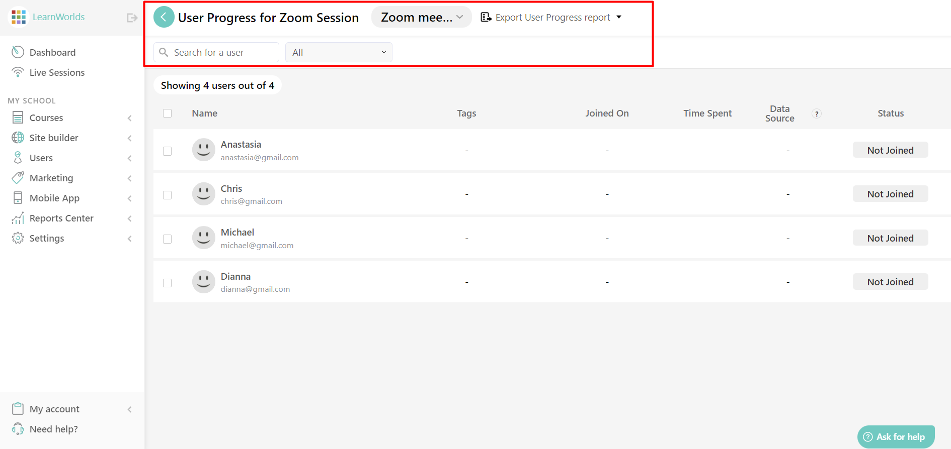 How to Track the User Progress for Zoom/Webex Live Sessions : LearnWorlds Help Center