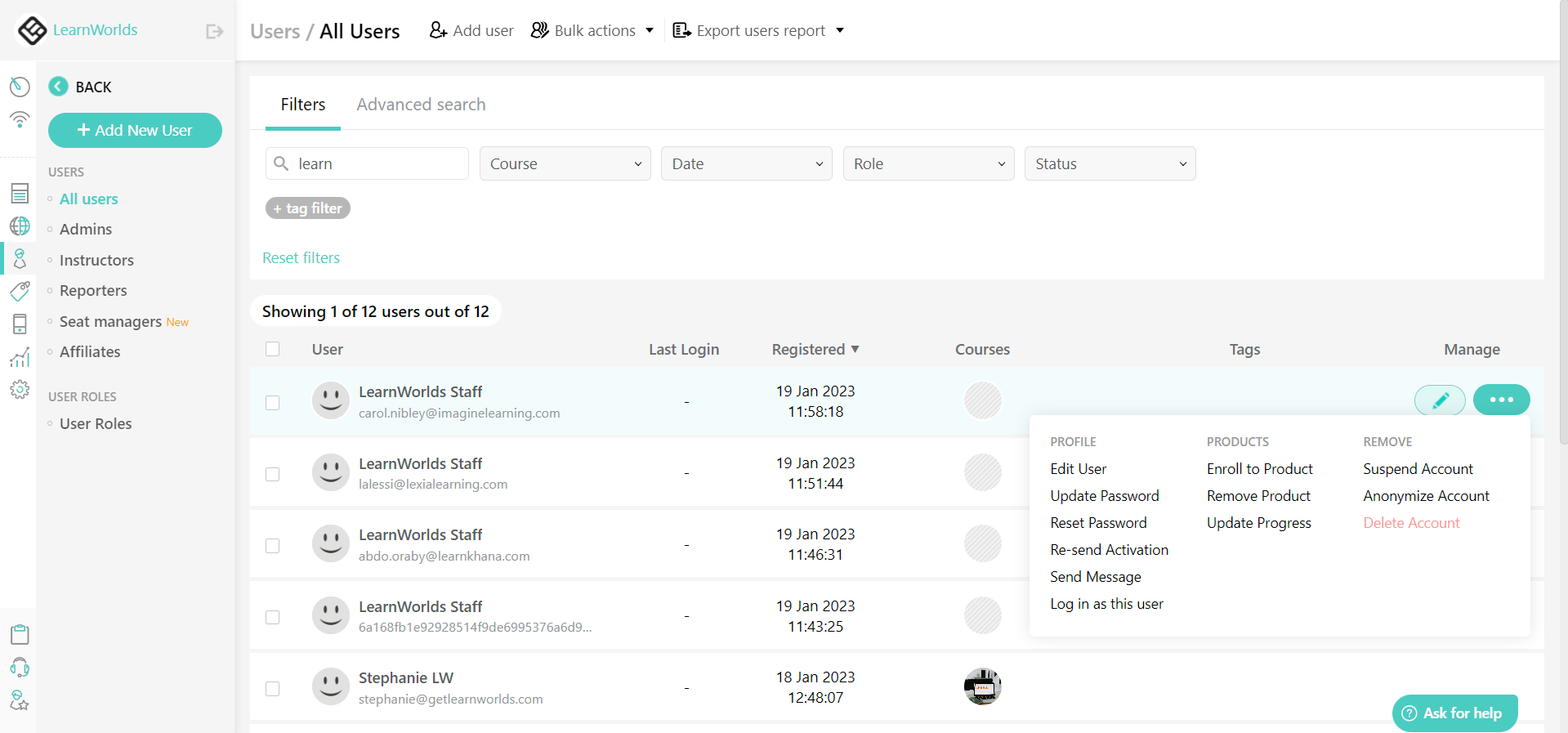 How to Manage your Users : LearnWorlds Help Center